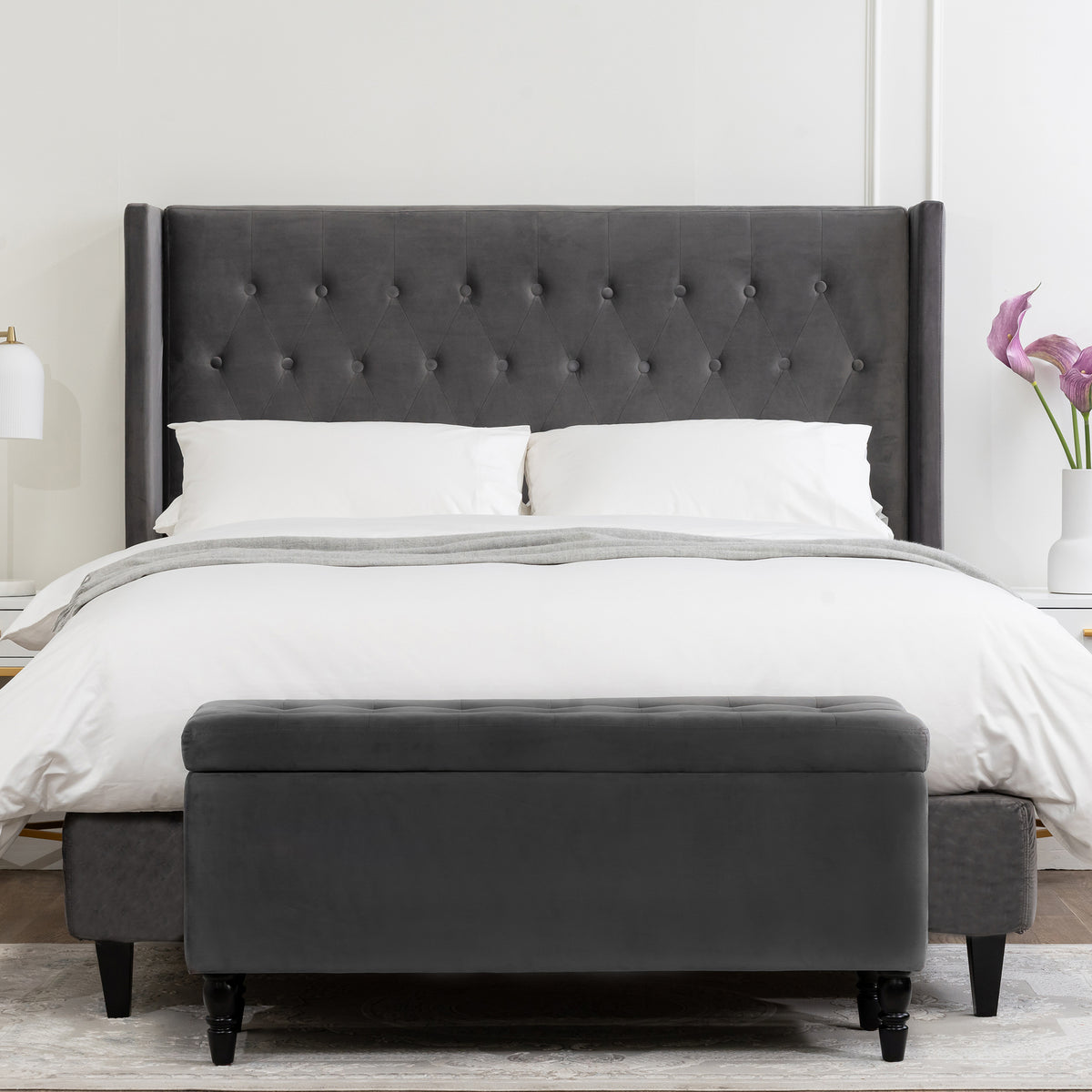 Chesterfield Winged Velvet Bed Head - Charcoal | Bedding co